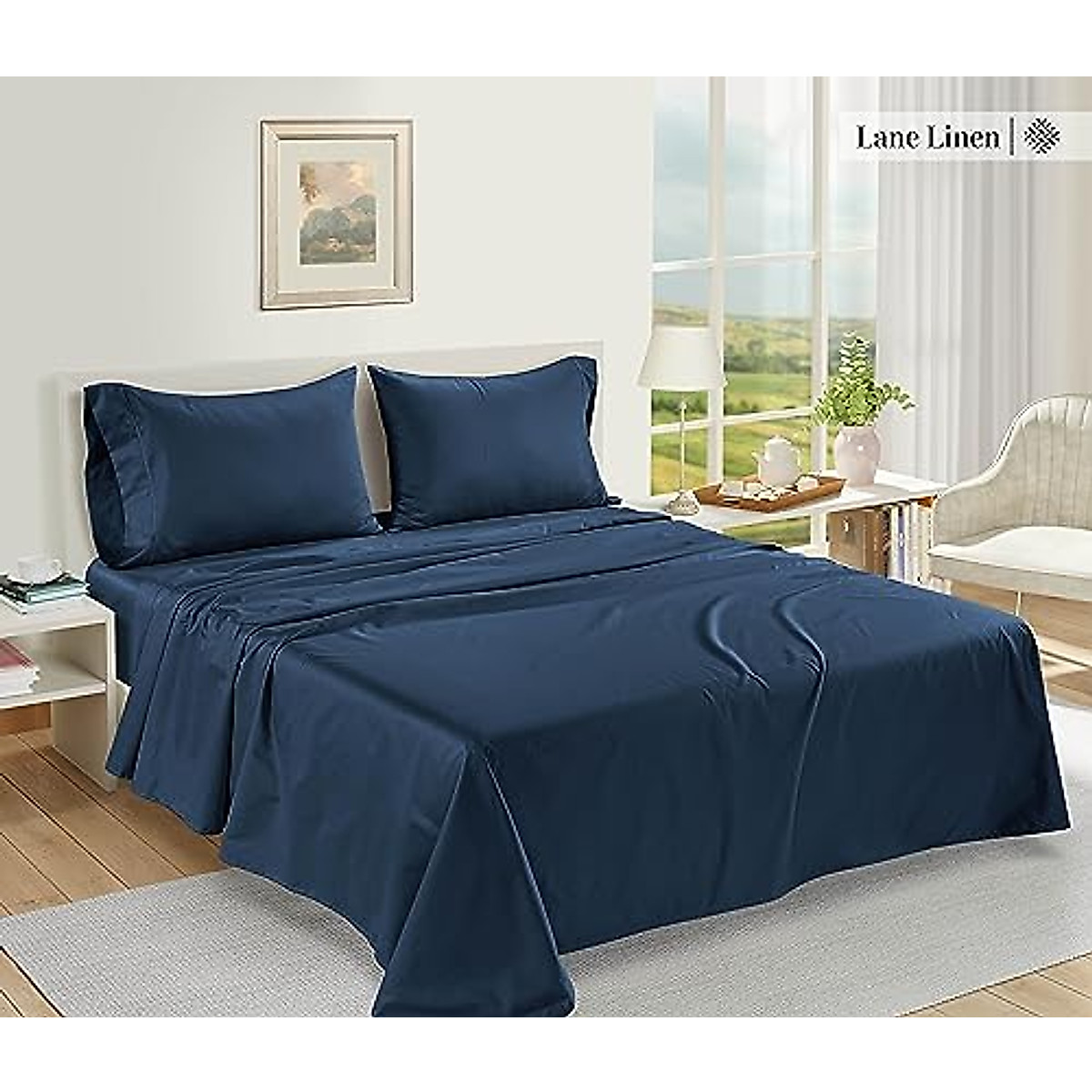 LANE LINEN 100% Egyptian Cotton Bed Sheets - 1000 Thread Count 4-Piece King Sheets Set, Long Staple Cotton Bedding Sheets, Sateen Weave, Luxury Hotel Sheets, Fits Upto 16" Mattress - Estate Blue
