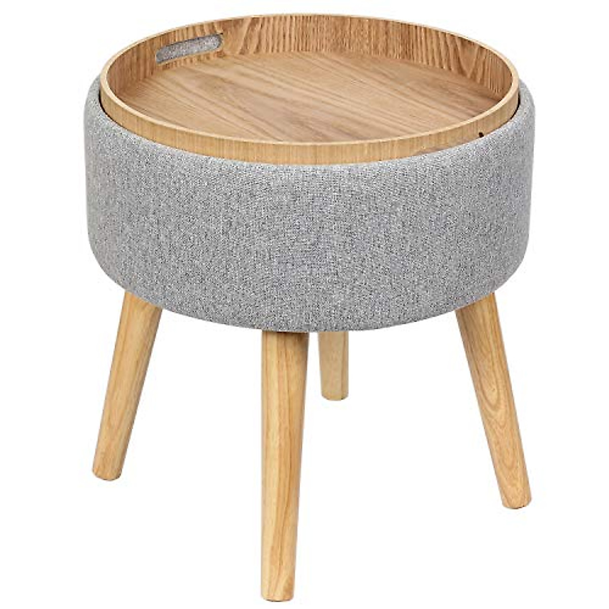 SOFT ASS Multi-Functional Round Storage Ottoman Footrest with Coffee Table Tray, Light Grey Linen with Detachable Wooden Feet/Footstool for Bedroom, Study and Living Room (Light Grey1)