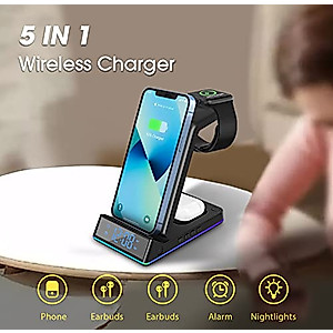 AWUKOMSN 3 in 1 Wireless Charger with Clock and Light,15W Fast Charging Station Compatible with iPhone 14 13 12 11 /Pro Max/X/Xs Max/8/8+, AirPods 2/3/Pro, iWatch 7/6/5/SE/4/3/2 (with Adapter)