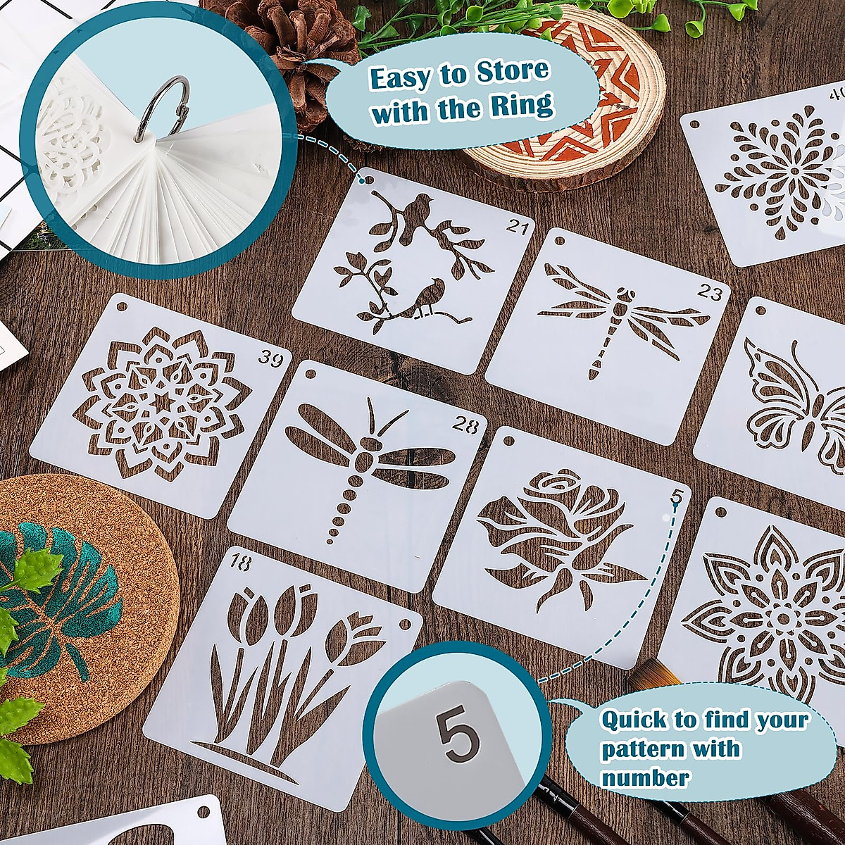 Small Stencils for Painting on Wood Reusable: 60pcs 3 Inch Flower Stencils Mandala Stencil for Dot Painting, Sunflower Butterfly Rose Stencils for Painting on Rock, Walls, Canvas, Drawing, Crafts, Art