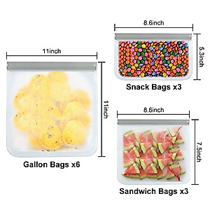 Silicone Freezer Bags Reusable Food Storage Bags BPA Free Food Storage Bags with Freezer Sets include 6 Reusable Gallon Bags Freezer,3 Sandwich Bags Reusable and 3 Snack Bags for Storage Food
