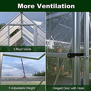 AMERLIFE 6x12 FT Hybrid Polycarbonate Greenhouse with Lockable Hinged Door 3 Vent Window Walk-in Hobby Greenhouse Aluminum Hot House for Outdoor Garden Backyard Silver