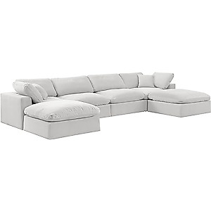 Meridian Furniture 189Cream-Sec6B Comfy Collection Modern | Contemporary Upholstered Modular Sectional, Soft Cream Velvet, Down Feather Cushions, 158" W x 79" D x 34.5" H, Cream