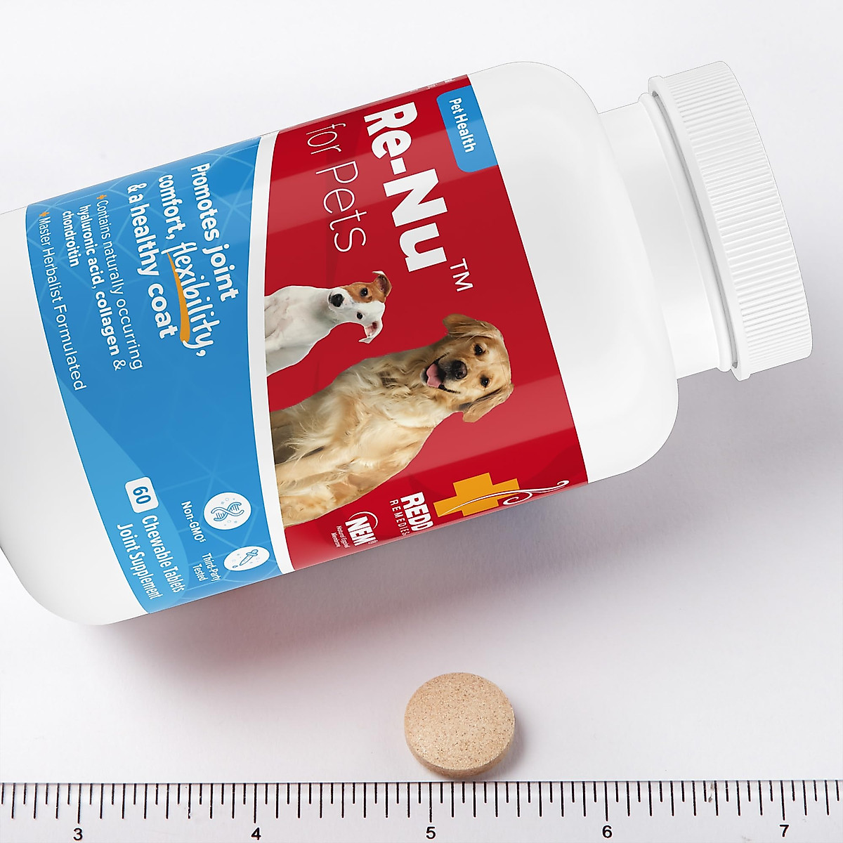 Redd Remedies, RE-NU for Pets, Joint Pain Relief Support for Dogs with Glucosamine, Chondroitin and Collagen from NEM, Calcium and Brewer’s Yeast, 60 Chewable Tablets, Made in The USA