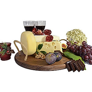 WALUX Organic Black Walnut Wood Cheese Board with Handle (14"), Charcuterie Platter & Serving Tray for Wine, Crackers, Brie and Meat. Rustic Black Walnut Serving Board, Round Cheese Board