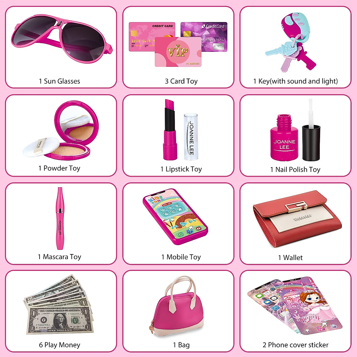 21Piece Girls Pretend Play Set ,My First Purse Toy with Handbag, Makeup Set, Sunglasses, Smartphone, Wallet, Car Keys, Credit Card Playset for Kids Gifts