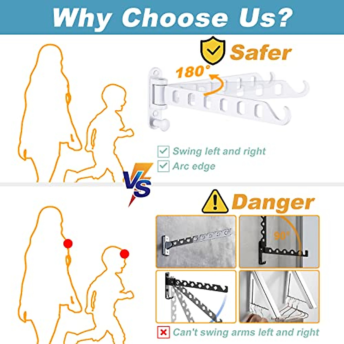 SKIKEN White Laundry Clothes Hanger Rack with Swing Arm, Wall Mounted Coat Hanger, Small Folding Drying Hanger, 180°Rotation, Space Saver, Sturdy Hanging, Solid Aluminum (2-Pack, White)