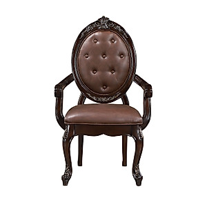 Benjara Cran 24 Inch Dining Armchair, Carved Details, Faux Leather Seat, Brown