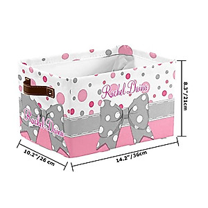 Polka Dots Bow Pink Personalized Storage Bins Basket Cubic Organizer with Durable Handle for Shelves Wardrobe Nursery Toy 1 Pack