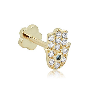 AVORA 14K Yellow Gold Simulated Diamond CZ Hamsa Cartilage Piercing Flat Back Earring Body Jewelry (18 Gauge)