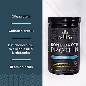 Ancient Nutrition Protein Powder Made from Real Chicken and Beef Bone Broth, Vanilla, 20g Protein Per Serving, 20 Serving Tub, Gluten Free Hydrolyzed Collagen Peptides Supplement