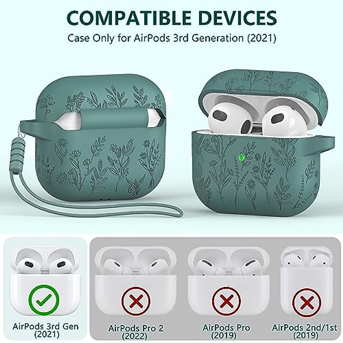 Flower Engraved Case for Apple AirPods 3 Case 2021, Soft Silicone Protective Case for AirPods 3rd Generation Case for Women Airpod Case with Clean Kit,Carabiner,Lanyard,Front LED Visible,Pine Green