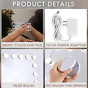 FENCHILIN Vanity Mirror for Makeup Bluetooth, Extra Large Hollywood Lighted Mirror with 18 Dimming LED Bulbs Smart, Tabletop/Hanging Cosmetic Mirror with Touch Screen & USB Charging Port & Speaker