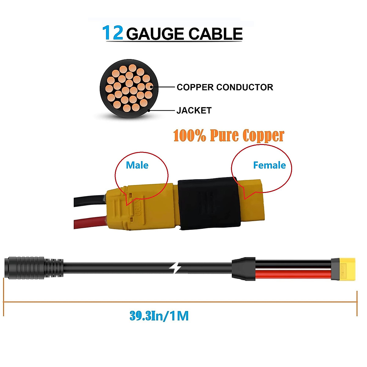 DC 7909 Female to XT90 Male ConnectorsAdapter Connect Solar Panel for Lipo Battery Pack Compatible Portable Power Station AC200P AC200MAX and Solar Generator 1M/3Ft