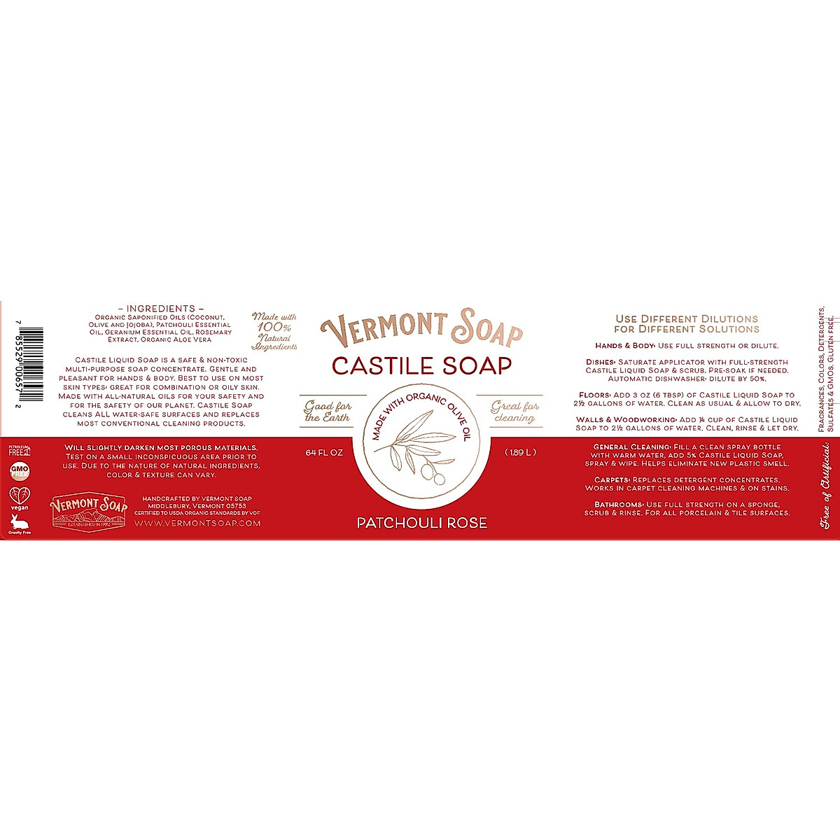 Vermont Castile Soap Patchouli Rose, Gentle Liquid Soap for Sensitive Skin & Natural Body Wash, Organic Hair Shampoo for Oily Hair, Aloe Castile Soap for Men & Women - 64 Oz