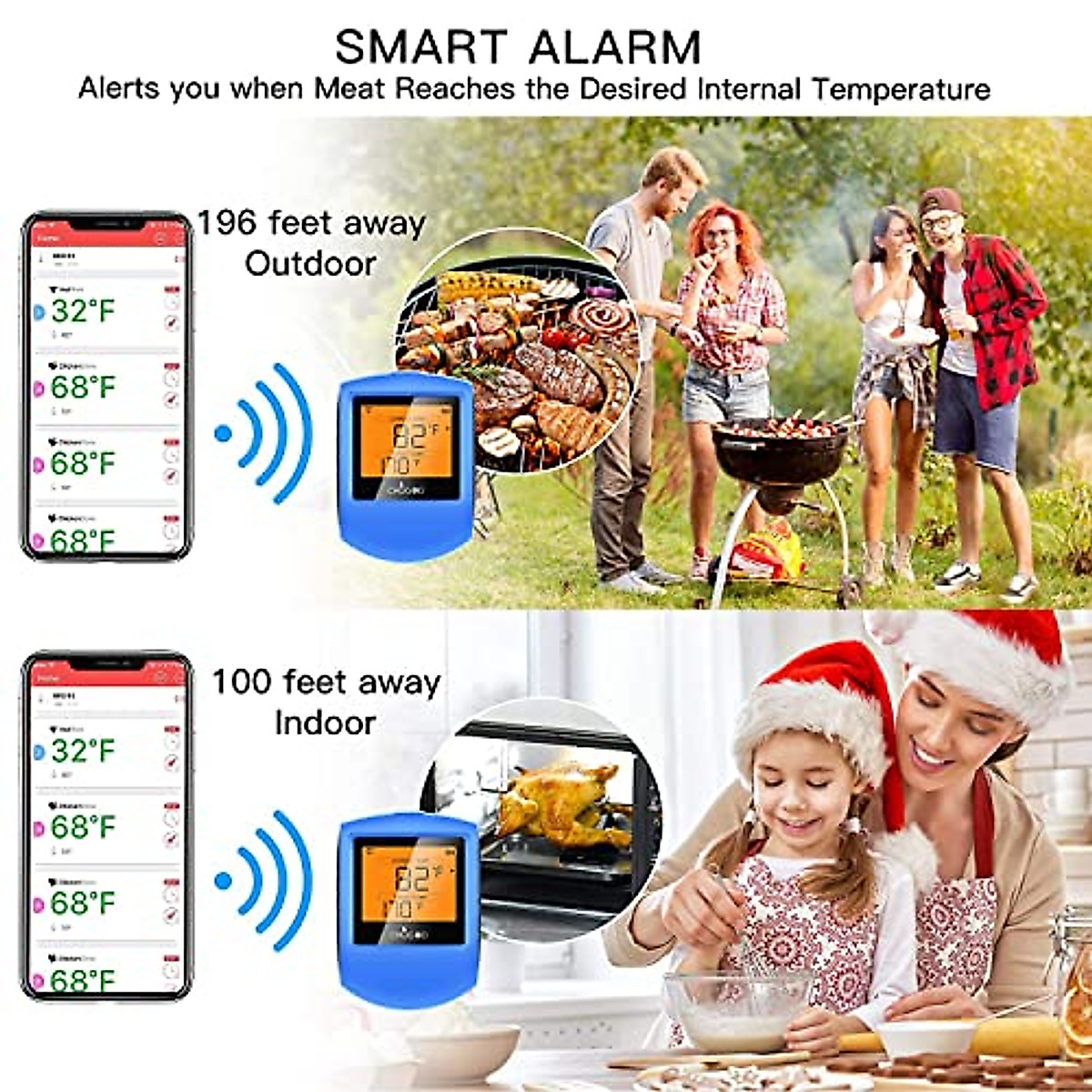 Bluetooth Meat Thermometer, Wireless BBQ Thermometer, Digital Cooking Thermometer for Grilling Smart APP Control with 6 Stainless Steel Probes, Support iOS & Android (Blue)