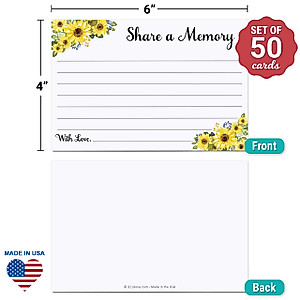 321Done Share a Memory Card (50 Cards) Sunflower Large, 4" x 6" for Celebration of Life Birthday Anniversary Memorial Funeral Graduation Bridal Shower Game - Made in USA - White
