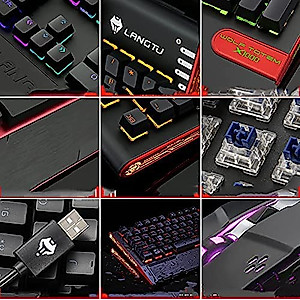 Multimedia Knob Computer Mechanical Keyboard Sandblast Metal Panel,104-Keys Conflict Free Buttons Gaming Keyboard,Dazzle Colour on Both Side, Mouse+Mouse Pads (Black/Raionbow Backlit/Blue Switch)