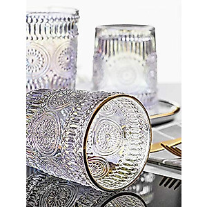 Iridescent Embossed Drinking Glass Gold Rim Water Glass Baroque Clear Crystal Unleaded Wine Milk Juice Coffee Glass,11.7oz,Makeup Brush/Pen/Pencil/Toothbrush Holder (Large)