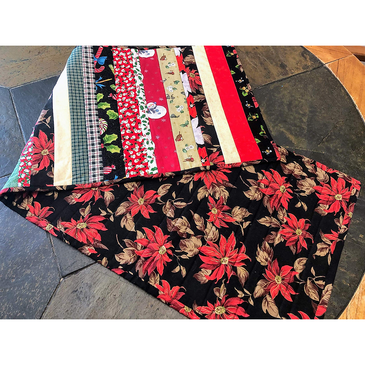 Quilted Holiday Table Runner, Jelly Roll Stripes, Rectangular, Reversible, Poinsettia Fabric, Christmas Decor, 100% Cotton