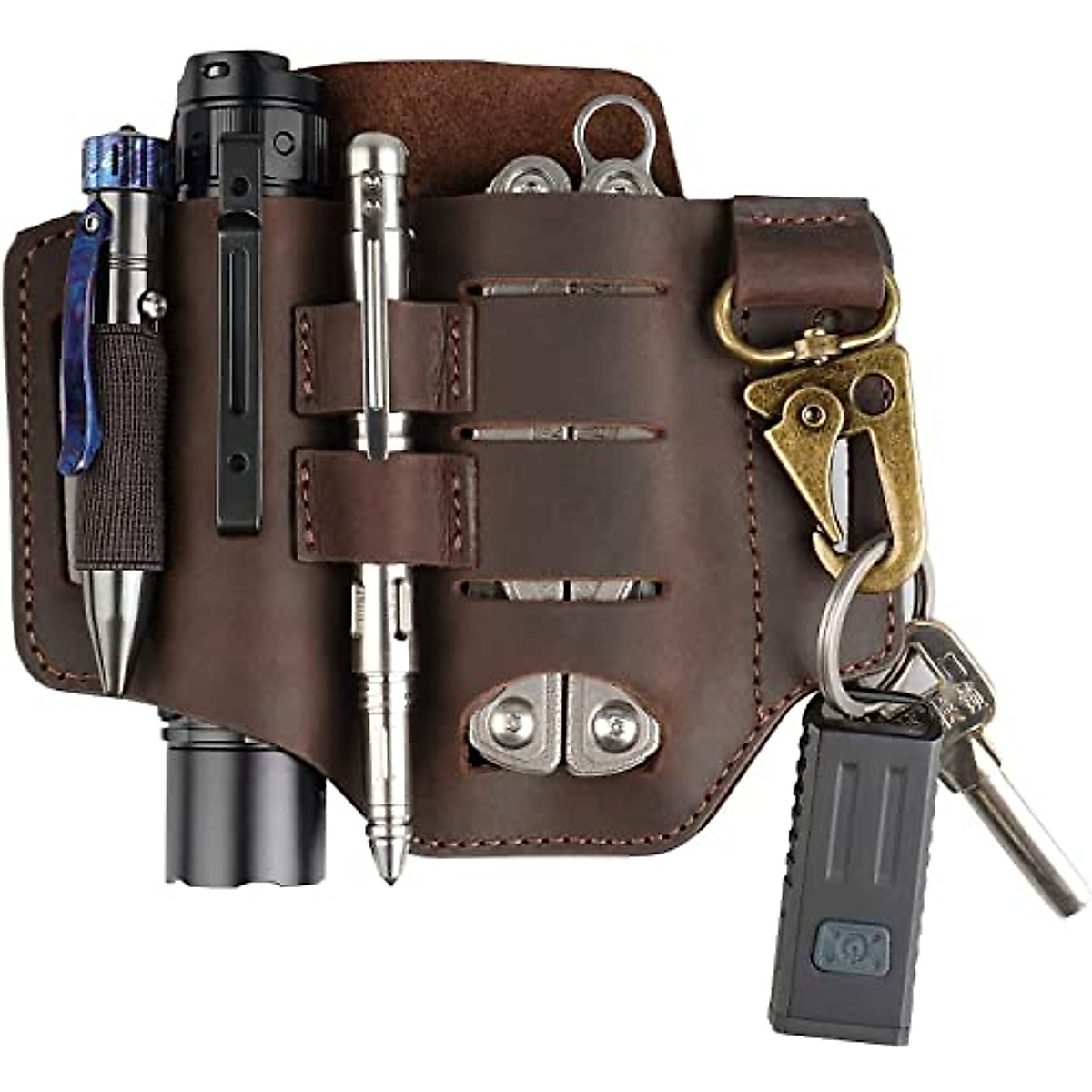 VIPERADE PJ16 Leather Sheath for Belt, Tool Leather Sheath for Knife, Knife Leather Sheath for Men, Multitool Sheath for Men, Flashlight Holster EDC Pocket Organizer with Key Holder