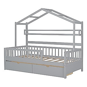 Harper & Bright Designs Twin House Bed with 2 Drawers, Wood Kids Bed Frame with Storage Shelf, Twin Size Montessori House Bed with Rails for Kids Girls, Boys,No Box Spring Needed,Grey