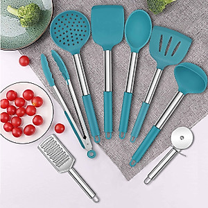 Homikit 17 Pieces Silicone Kitchen Utensils with Holder, Blue Cooking Utensils Sets Stainless Steel Handle, Nonstick Kitchen Tools Include Spatula Spoons Turner Pizza Cutter, Heat Resistant