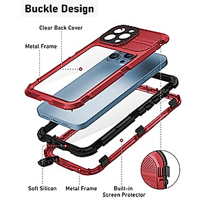WIFORT iPhone 13 Pro Max Waterproof Metal Case - Built-in [Screen Protector][15FT Military Grade Shockproof][IP68 Water Proof], Full Body Aluminum Protective Dropproof Cover, 6.7" Red