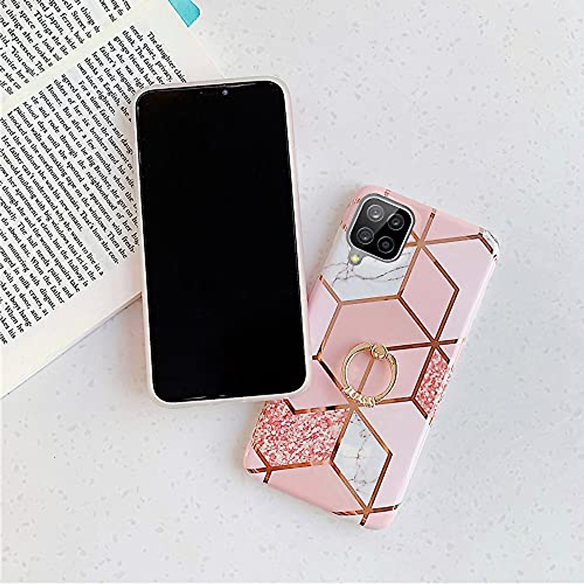 Qokey Compatible for Samsung Galaxy A12 Case,Bling Cute for Women Girls with 360 Degree Rotating Ring Kickstand Soft TPU Shockproof Cover Designed for Galaxy A12 6.5 inch 2020 Released Rhombic Marble
