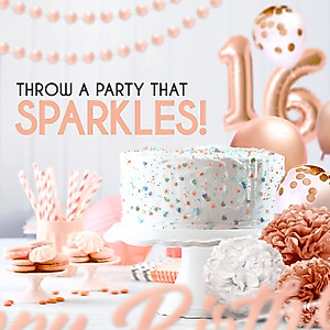 EpiqueOne 41-Piece Rose Gold Sweet 16 Birthday Decoration for Girls | Includes Happy Birthday Banner, Cake Topper, Tissue Pom Poms & More | Easy to Set Up | Also Ideal for Bridal & Baby Showers & More