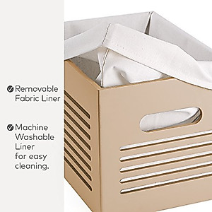 Creative Scents Wooden Storage Bin Container - Decorative Toilet Tank Storage Basket - Closet and Shelf Basket Bathroom Organizer Lined with Machine Washable Soft Linen Fabric - Tan, Extra Small