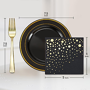 Stylish 7.5 Inch Gold and Black Cake Plates with Disposable Forks and Cocktail Napkins (100 Set of Each) - Small Appetizer Plates, Disposable Cake Plates or Salad Plate - Black Plastic Dessert Plates