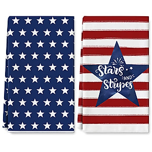 AnyDesign 4th of July Kitchen Dish Towel 18 x 28 In Independence Day American Flag Stars Stripe Dishcloth Red Blue White Cloth Tea Towel Decorative Hand Towel for Bathroom Kitchen Cooking Baking, 2Pcs