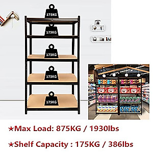 5 Shelf Garage Shelving, Steel Shelves Adjustable Shelf Storage Unit, Storage Utility for Warehouse Pantry Office Kitchen, with MDF Boards, Basement Storage Rack Hold 1929lbs, 35"W x 16.5"D x 63"H