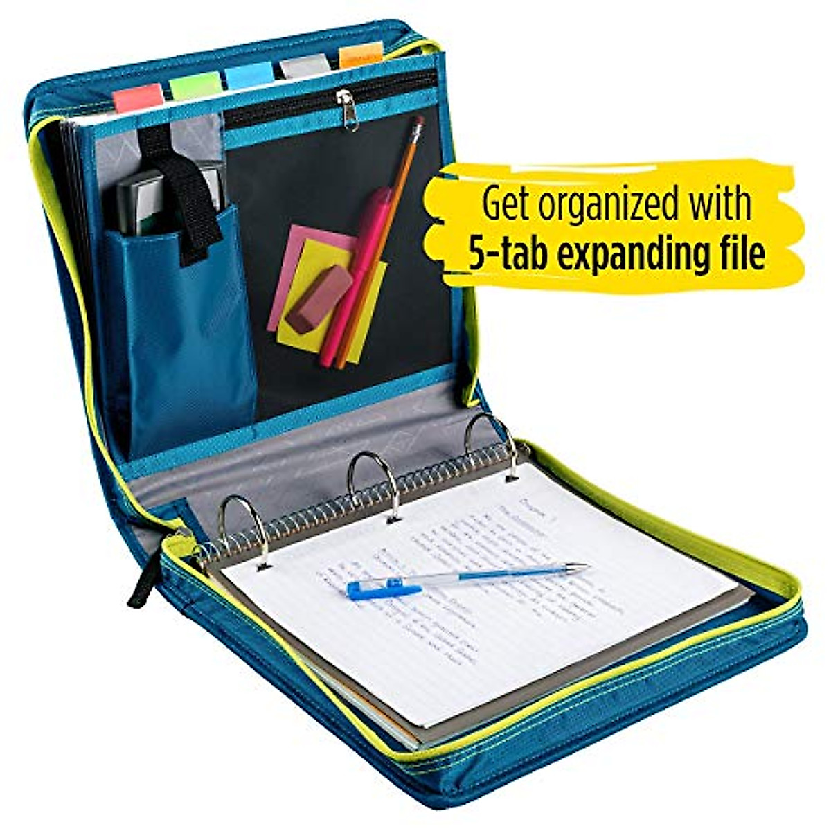 Five Star Zipper Binder, 2 Inch 3-Ring Binder for School, 5-Tab Expanding File, 380 Sheet Capacity, Teal/Chartreuse (29052IH8)
