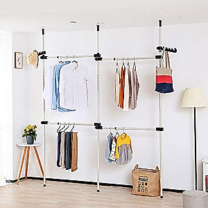 Adjustable Clothing Rack, 2 Tier Double Rod Clothes Rack Freestanding Garment Rack Telescopic Closet Hanger for Hanging Clothes, Floor to Ceiling Rod for Home Bedroom Retail Clothes Organizer