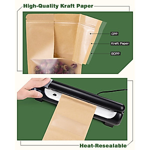 Food Storage Bags 140 Packs Resealable Bags Kraft Paper Bags Coffee Bags Packaging Bags with Window Stand Up Pouches Bags for Small Business Christmas(5.9x8.6 Inches)