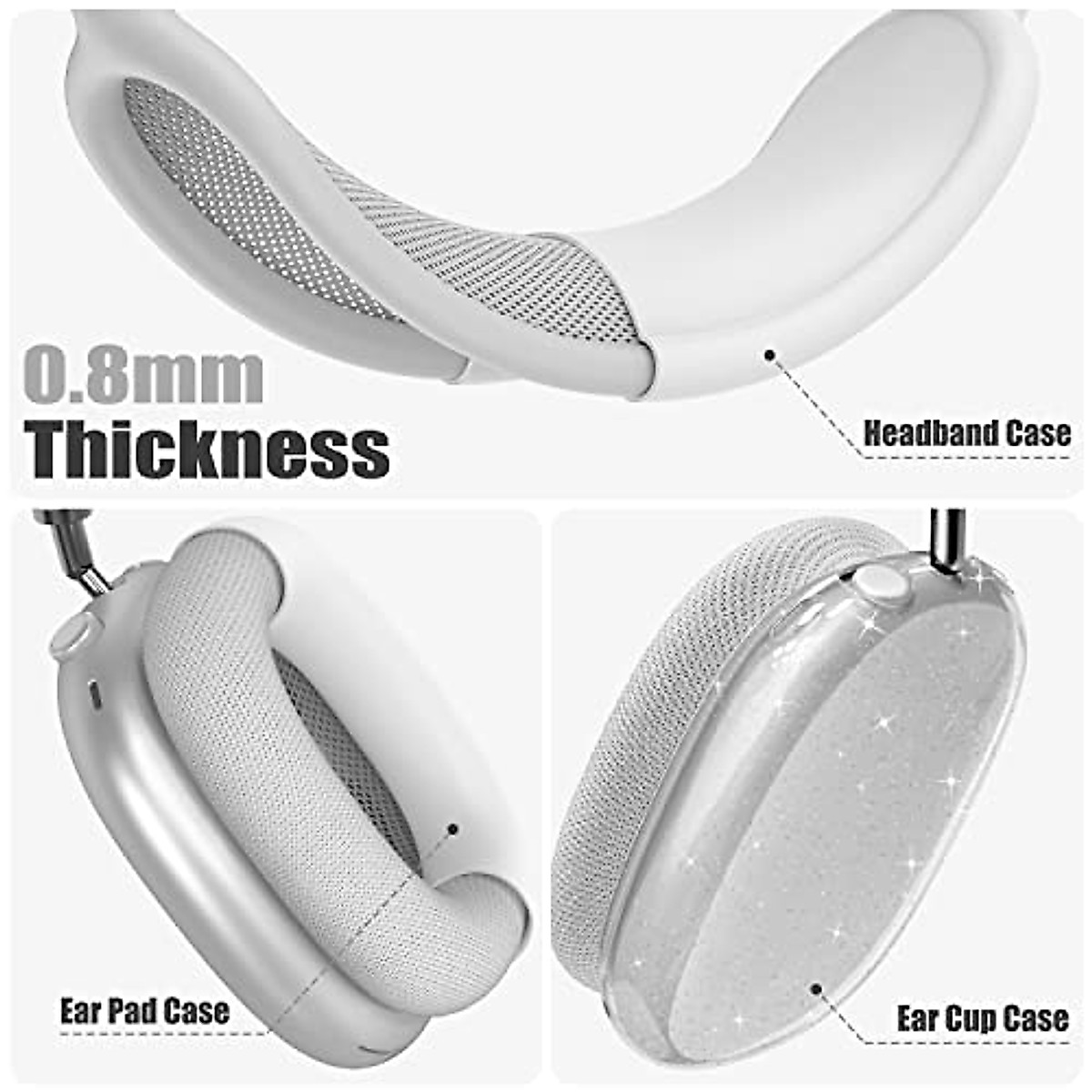 【3 in 1】 Case for AirPods Max Headphones, Clear Soft TPU Anti-Scratch Protective Case Cover, No Yellowing Transparent Accessories for Apple AirPods Max-GlitterClear
