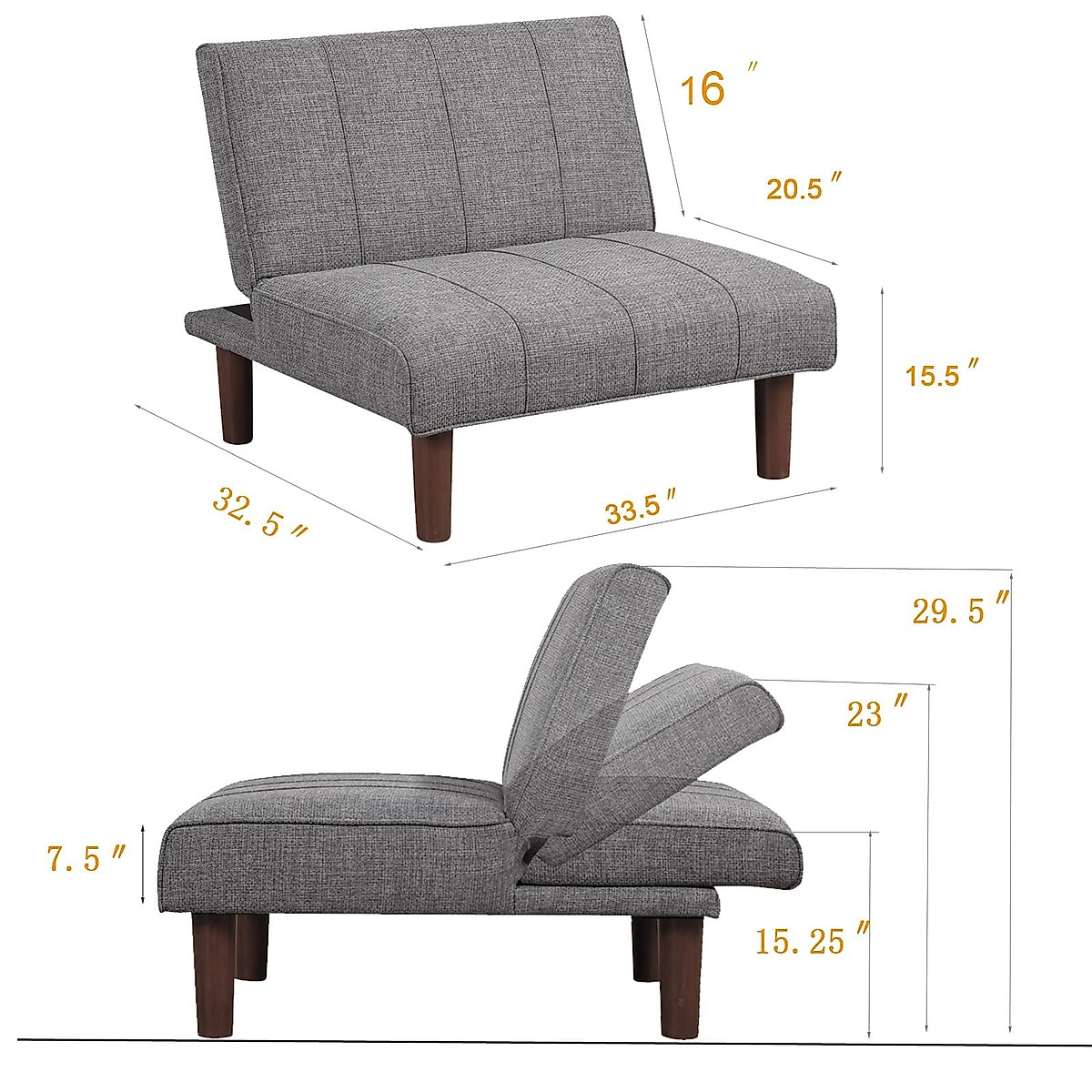 Small Futon Sofa Couch,Upholstered Convertible Modern Futon Chair, Armless Comfy Mini Sofa Couches for Small Spaces Living Room Apartment ,Office Studio Dorm ,Kids Room,Gray Dog Cat Couch Bed 305DR1