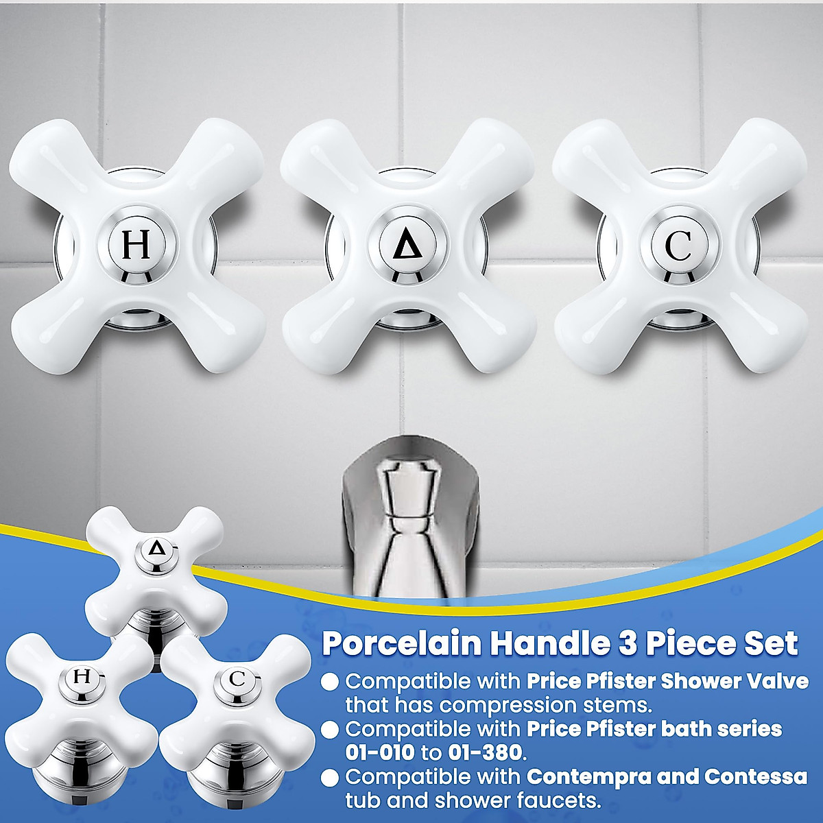Enhon 3 Pcs Porcelain Handle Set, Compatible with Price Pfister Shower Valve, Hot Cold and Diverter Handle, Fits 12 Point Broach Stem, Chrome Finish White Porcelain(Cross Arm)