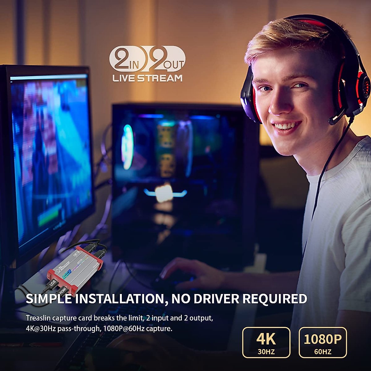 Mirabox Dual HDMI Capture Card for Streaming 2 in 2 Out,Support Dual 4K@30Hz Input,4K@30Hz Passthrough,USB3.0 1080P Capture for OBS Camera DSLR Live Streaming