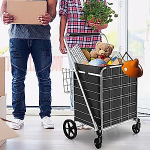 Goplus Shopping Cart for Groceries, Jumbo Upgraded Folding Grocery Cart with Waterproof Liner, 330 LBS Weight Capacity, 360° Rolling Swivel Wheels and Double Basket, Heavy Duty Foldable Utility Cart