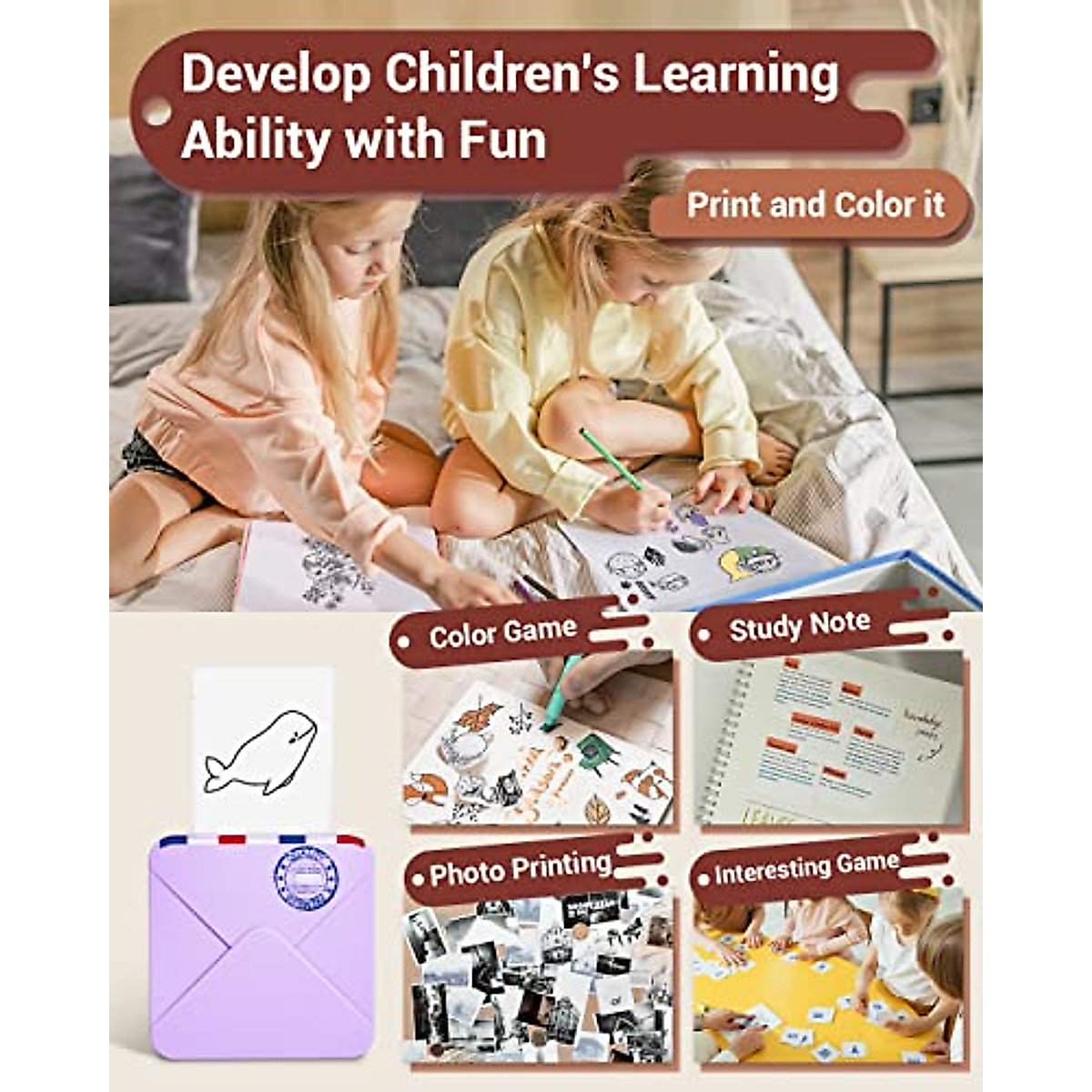 Phomemo M02S Mini Thermal Printer- 300dpi HD Bluetooth Mobile Printer Compatible with iOS and Android, Work with 3 Size Papers, Photo Printer for Plan Journal, Travel, DIY Cards, Gift, Purple