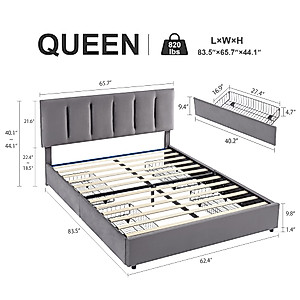 VECELO Queen Upholstered Bed Frame with 4 Storage Drawers and Adjustable Velvet Headboard, Heavy-Duty Platform bedframe, No Box Spring Needed, Grey