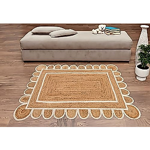 Scalloped Jute Rug 5x7- Natural Boho Bath Mat 2x3- Jute Runner Rug for Kitchen 2.6x6 ft- Seagrass Jute Rug 8x10 for Living Room Area- 3x5 Farmhouse Rugs Indoor/Outdoor (2'x3' Ft, White)