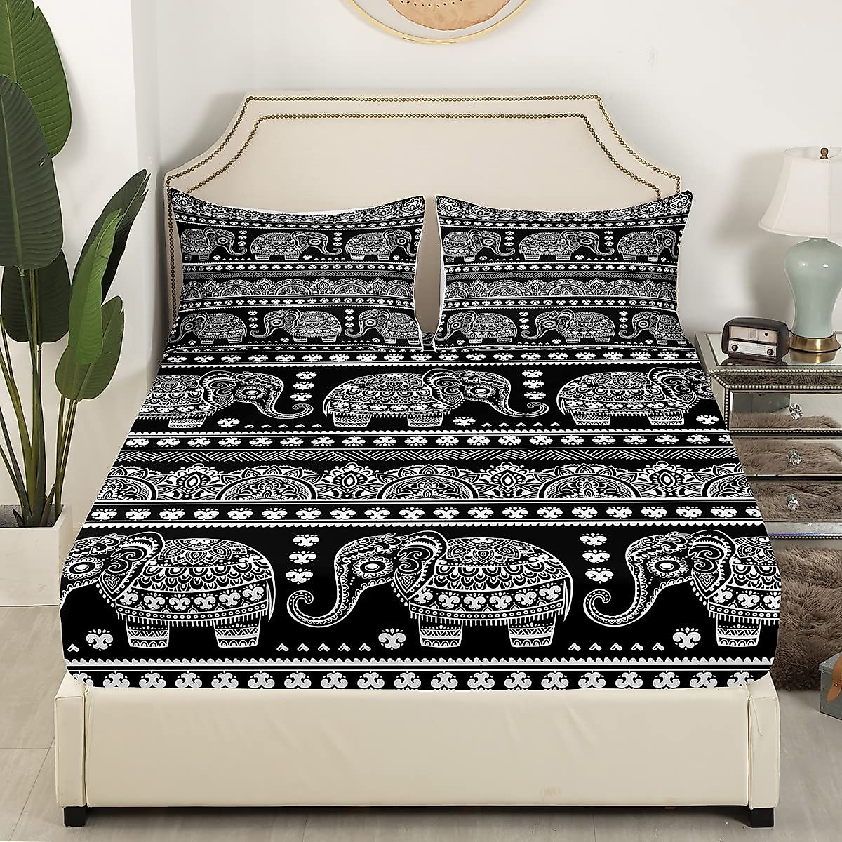 Elephant Fitted Sheet Full,Exotic Bohemian Black and White Bed Sheets Paisley Floral Bedding Sets for Kids Child,Ethnic Tribal Wildlife Bedding Decor Set Tribe Western Animals Boho Room Decor
