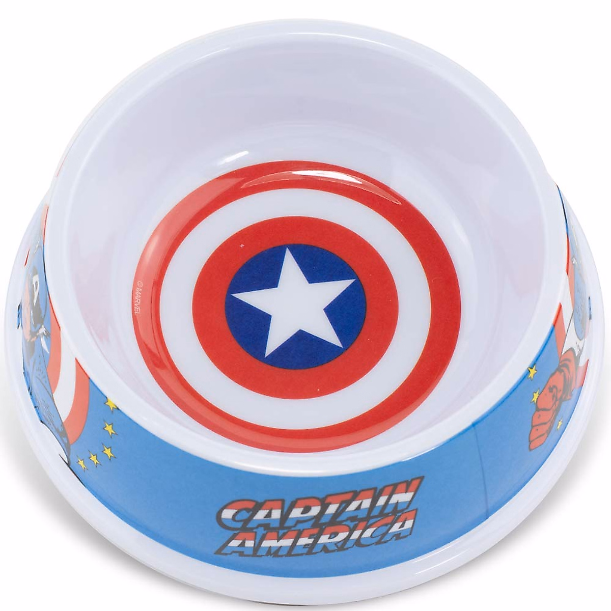 Buckle-Down Dog Food Bowl Captain America Shield Action Pose Blue Red White 16 Ounces, 8.2" x 8.2", (PBWL1-MLM-7.5-CABB)