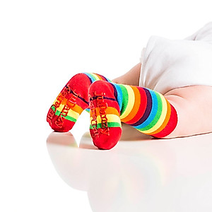 juDanzy Tall Knee High Rainbow Socks with Grips for Baby, Toddler, and Child (6-10 Years, Classic Rainbow Stripes)