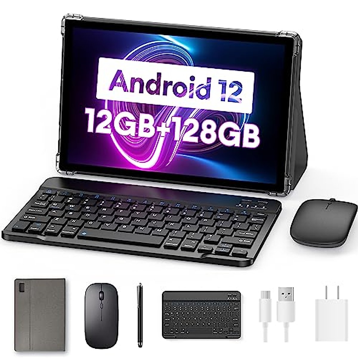 Headwolf Android Tablet with Keyboard, 2 in 1 10 Inch Tablet 12GB+128GB+512GB Expand Octa Core Android 12 Tablet with Case Mouse Stylus, 7700mAh Battery, 16MP Camera, WiFi, Bluetooth 5.0, GPS (Gray)