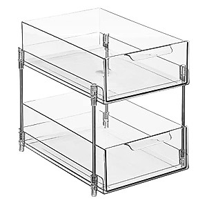 Nate Home by Nate Berkus 2-Tier Sliding Plastic Pull-Out Drawer Organizer, Removable Drawers - Kitchen Cabinet Organizer and Pantry Storage from mDesign, Clear/Polished Stainless Steel